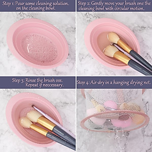 Makeup Brush Cleaning Mat & Hanging Drying Net, Foldable Silicone Makeup Brush Cleaner Brush Cleaning Pad cleaning bowl with Mesh Drying Rack Basket to dry Makeup Sponge, powder puff, brush (Pink)