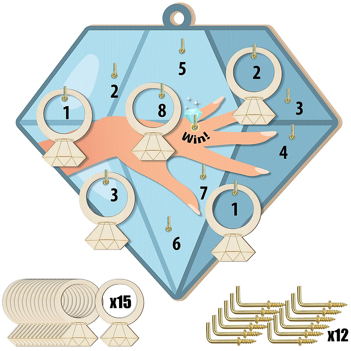 Foilswirl 28 Pcs Bridal Shower Ring Game Ring Toss Bridal Shower Game Set Include 1 Diamond Game Board 15 Wooden Diamond Rings 12 Hooks for Wedding Engagement Bachelorette Party Games Favors