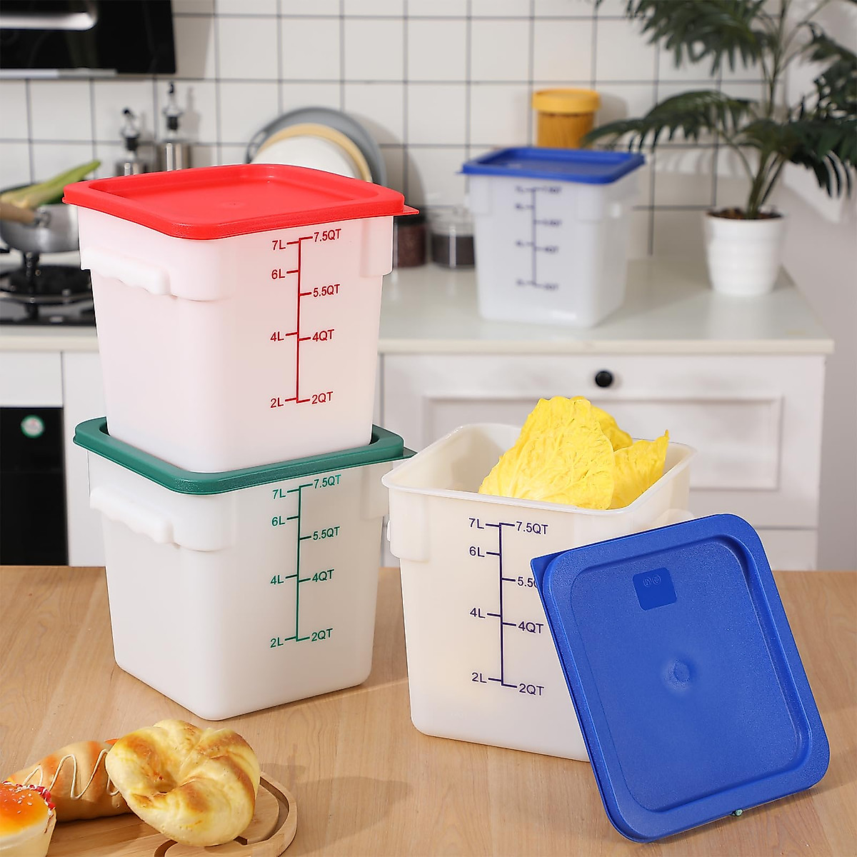 Wenqik 6 Pieces 7.5 Quart Commercial Food Storage Containers with Lid Square Food Storage Containers with Lids Space Saving Clear Brining Container for Kitchen Restaurant Freezer Flour Sugar