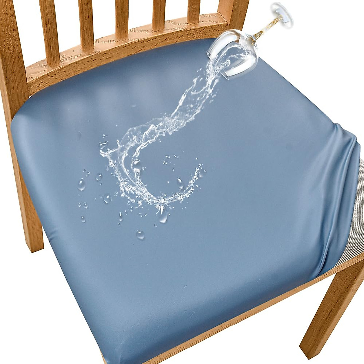 SearchI Waterproof PU Leather Seat Covers for Dining Chairs, 4 Pack Stretch Dining Room Chair Seat Covers, Kitchen Chair Seat Covers Protectors (Blue)