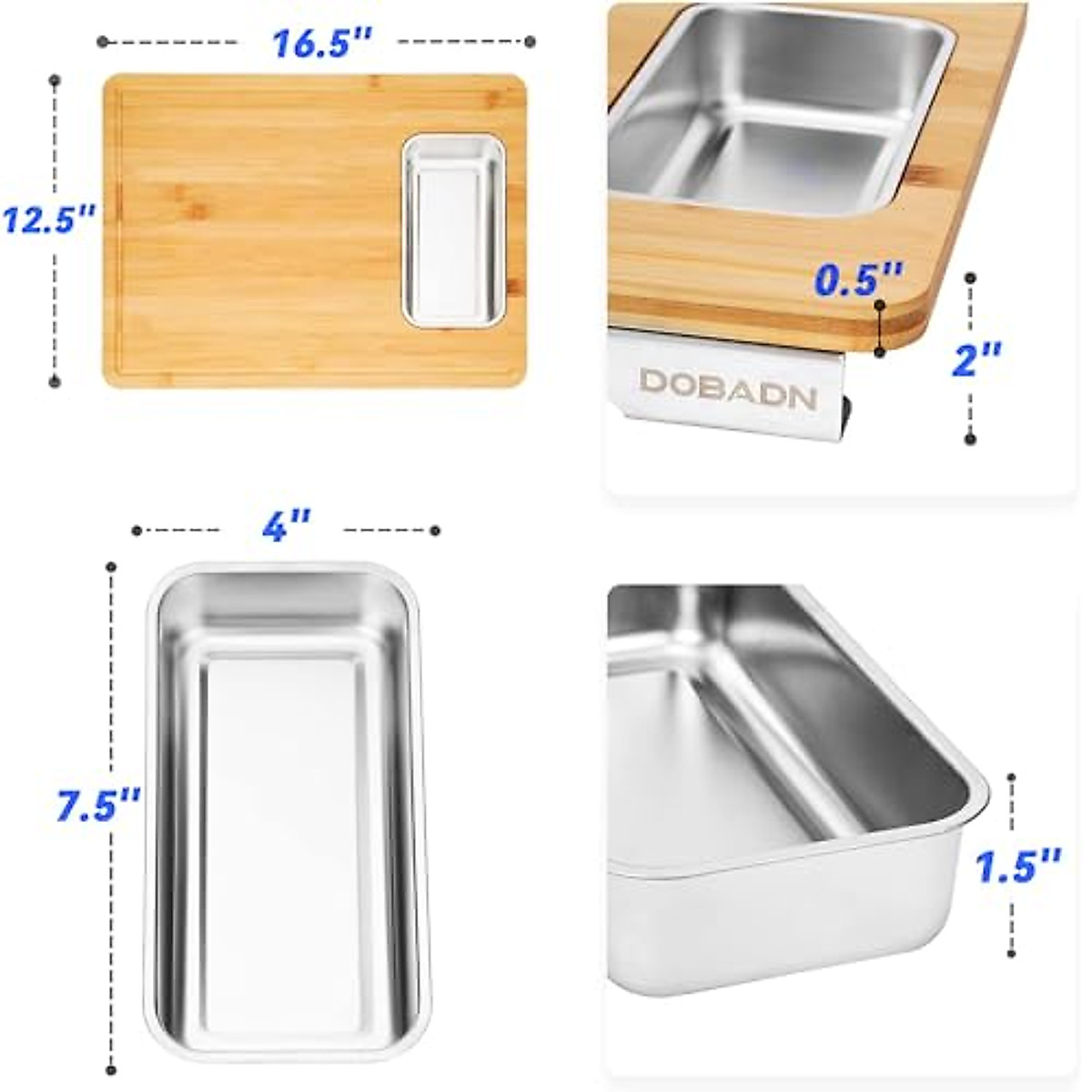 DOBADN Bamboo Cutting Board for Kitchen Meal Prep & Serving - Wood Chopping Board Cheese Charcuterie Chopping Block with Stainless Steel Container, Juice Grooves and Non-Slip Support Feet 16.5"x12.5"