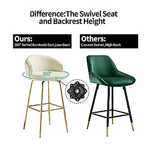 Volans Counter Height Bar Stools Set of 2, 360° Swivel Modern Velvet Bar Stools for Kitchen Island, Kitchen Chairs with High Performance Fabric Sponge(White)