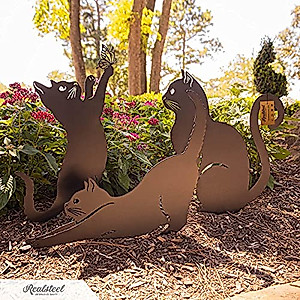 RealSteel Garden Cat Art 3 Pack - Outdoor Yard Decor - American-Made Metal & Weather-Resistant Powder Coating - Mother Cat & 2 Kittens (Black)