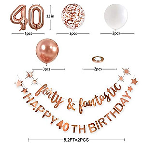 Rose Gold Forty & Fantastic Happy 40th Birthday Banner Garland Foil Balloon 40 for Womens 40th Birthday Decorations Hanging 40 and Fabulous Cheers to 40 Years Old Birthday Party Supplies Backdrop