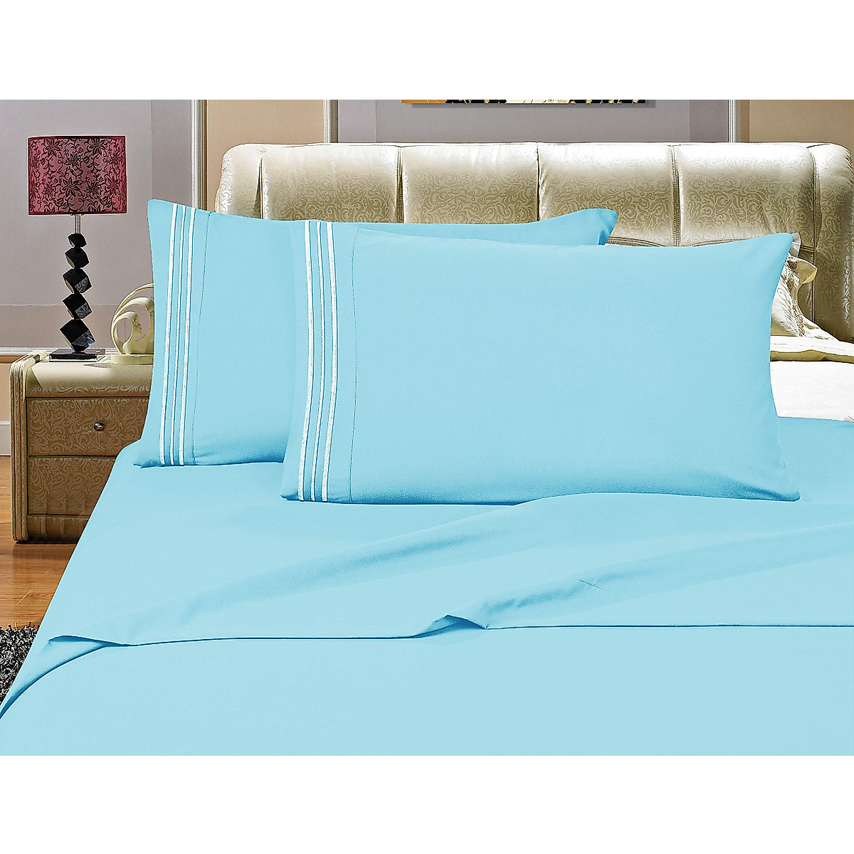 Elegant Comfort Luxurious Bed Sheets Set on Amazon 1500 Premier Wrinkle,Fade and Stain Resistant 4-Piece Bed Sheet Set, Deep Pocket, California King Aqua