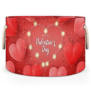 Red Valentines Day Love Heart (17) Large Round Baskets for Storage Laundry Baskets with Handles Blanket Storage Basket for Bathroom Shelves Bins for Organizing Nursery Hamper Girl Boy