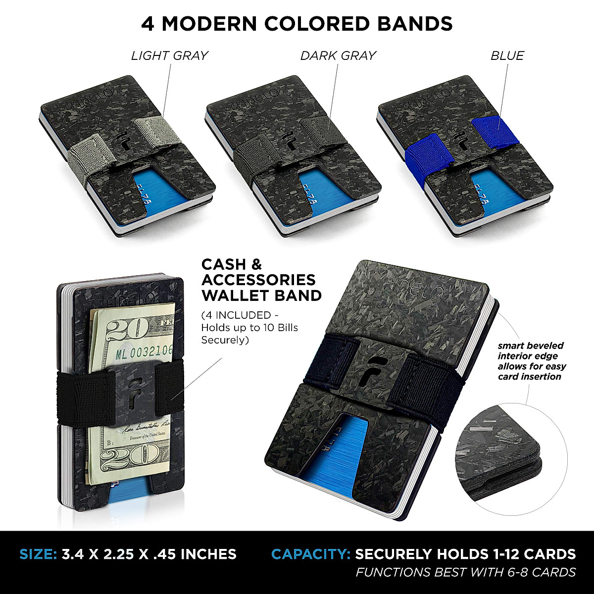 Fidelo Minimalist Wallet For Men - Slim RFID Blocking Mens Wallets Credit Card Holder. 3K Carbon Fiber. Compact Wallet Comes With 4 Cash Bands (Black, Dark Grey, Light Grey & Blue) - Prestige Forged