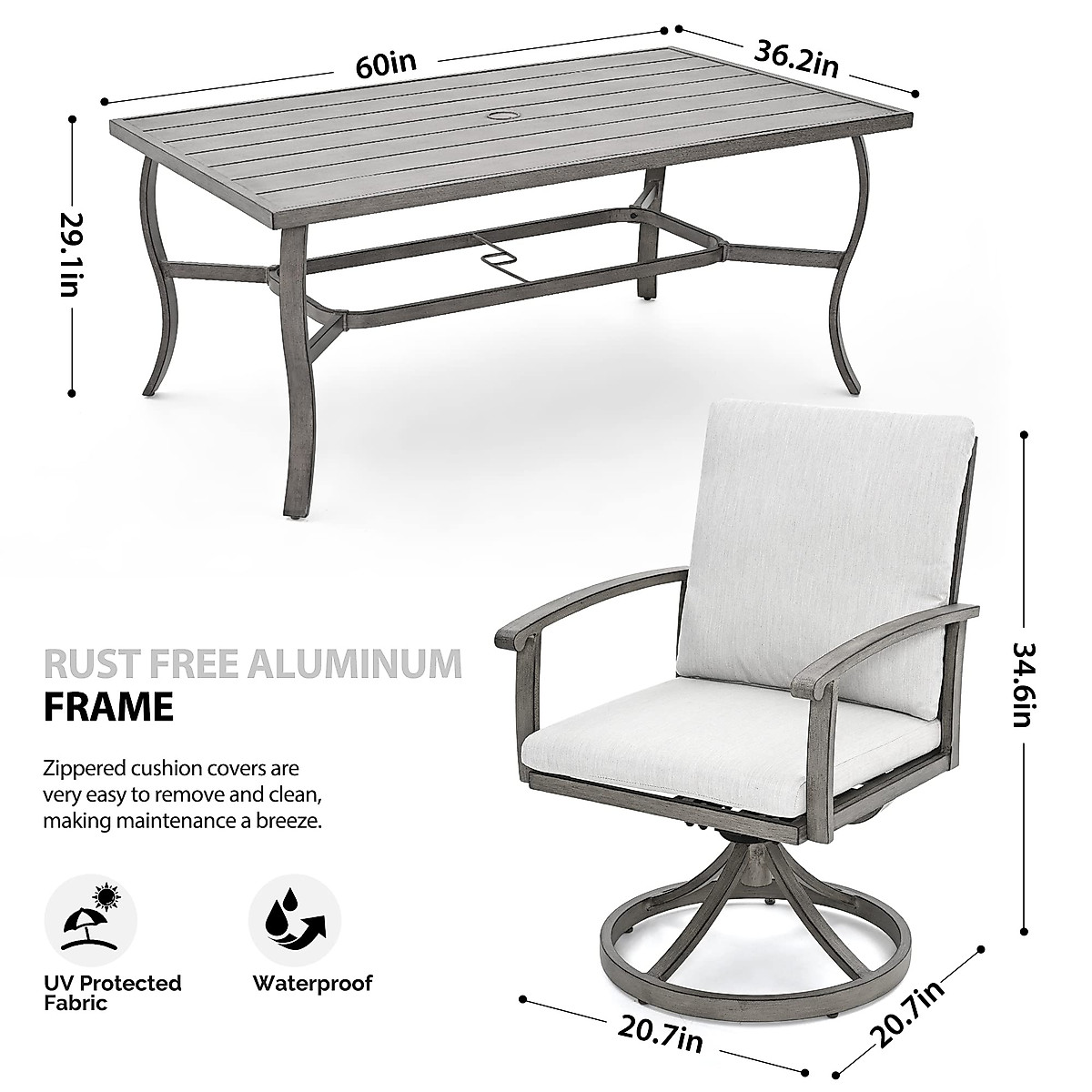 HAPPATIO 7 Piece Patio Swivel Dining Set, Aluminum Outdoor Dining Set for 6, Aluminum Dining Table and Chairs Set, Patio Dining Furniture with Aluminum Table, Chairs and Washable Cushions (Gray)