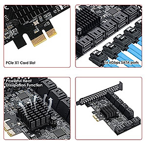 BEYIMEI PCIE SATA Card 16 Ports, 6 Gbit/s SATA 3.0 PCIe Card, PCIe to SATA Controller Expansion Card, Boot as System Hard Drive, Suitable for All PCIE Slots (JMB575 + ASM1064)