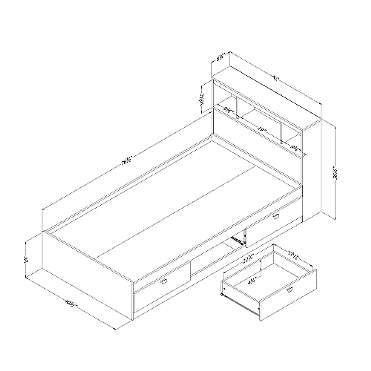 South Shore Spark Twin Bookcase Storage Bed in Pure Black