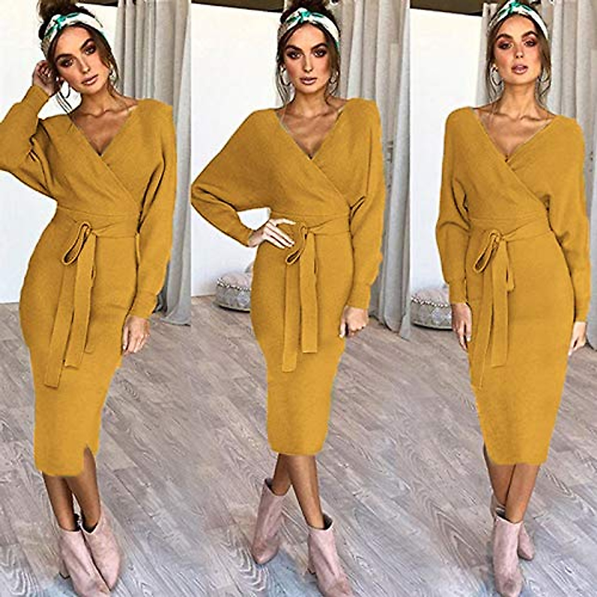 Fall Wedding Guest Dresses for Women Cream Dress for Women Knit Pullover Sweater Vestidos de Mujer sueltos Sexy Black Dress Long Sleeve Plus Size Dress for Women Sexy v-Neck Fashion XXL Maxi Dresses