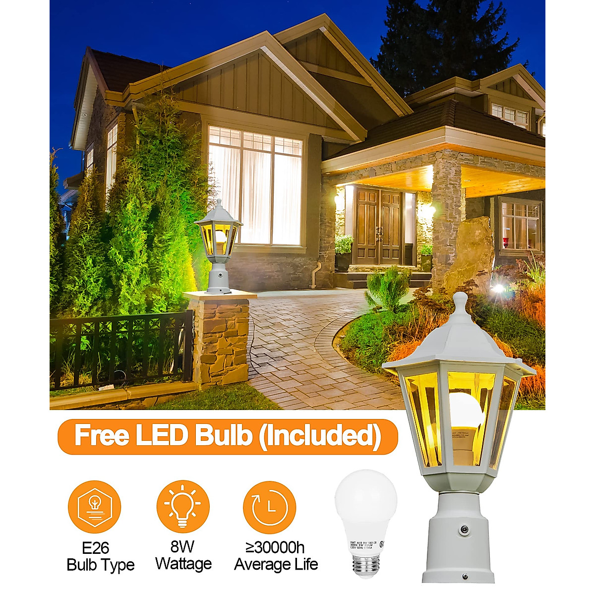 FUDESY Dusk to Dawn Outdoor Post Light, White Modern Exterior Post Lantern with Pier Mount Base, Plastic Waterproof Lamp Light Fixture for Garden Yard Patio Pathway, LED Bulb Included