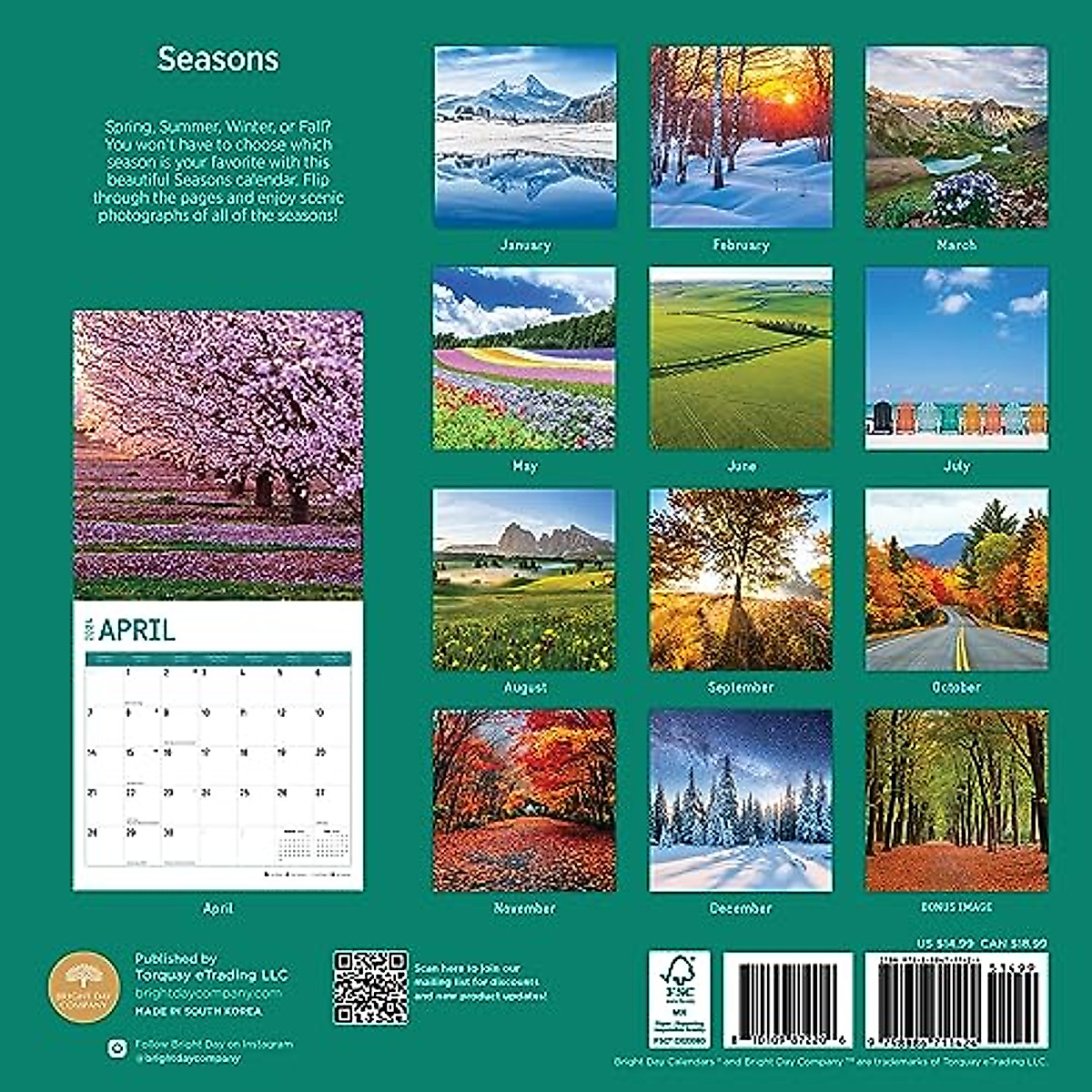 2024 Seasons Monthly Wall Calendar by Bright Day, 12 x 12 Inch Spring Summer Autumn Winter