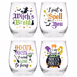 Halloween Witches Wine Glasses 4PCS Hocus Pocus Stemless Glass 12oz Gift Brew Sanderson Sisters Glass Tumbler for Ice Coffee Beer Beverages Funny Party Cup Favors Birthday Wedding Gifts Fall Peresnt