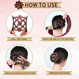 Yeshan Magic Hair Combs for Women Wood Beaded Stretch Double Hair Side Combs Adjustable Elastic Hair Clips Bun Maker Hair Accessories,Pack of 6