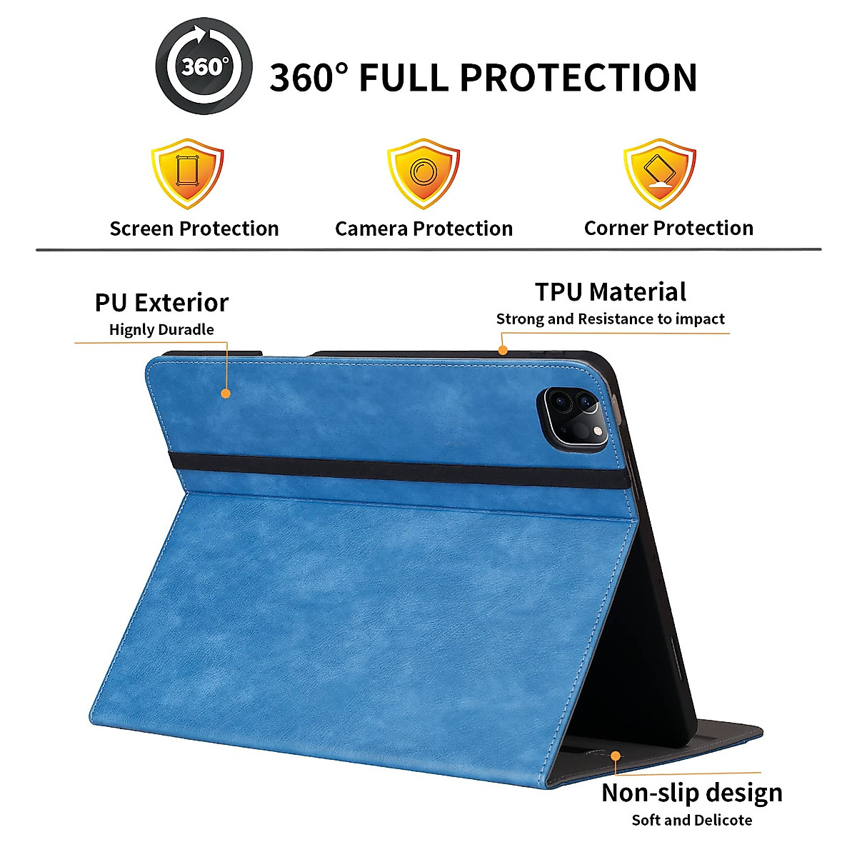 HFcoupe 12.9 inch iPad Case Pro 6th / 5th Generation, iPad Pro Cover with Pencil Holder and Pocket, Multiple Angles Viewing Folio with Auto Sleep/Wake Fits iPad 12.9 Pro 2022/2021, Light Blue