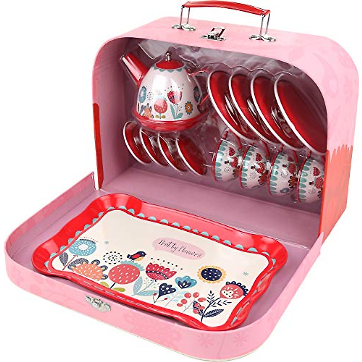 Tea Set for Little Girls, Pretend Play Tea Party Set, Floral Design Kids Tin Tea Set with Carrying Case (15 Pcs)