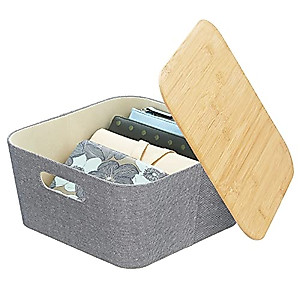 mDesign Fabric Basket with Lid - Stacking Decorative Storage Bin Box with Bamboo Lid Cover for Closet, Bedroom, Living Room or Office - Holds Clothing, Linens, and Accessories, 4 Pack, Navy Blue