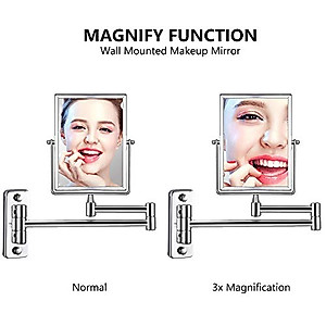 QiMH 3X Magnifying Wall Mounted Vanity Makeup Mirror | Rectangular 8x6 Inch with Extendable Arm | Polished Chrome Finish Double-Sided Swivel Mirror