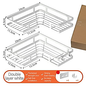 Takeberny 2PCS Corner Bathroom Shower Shelf, no drill corner shower shelf, Stainless Steel Shower Stand with 4 Hooks, Bathroom Stand without Drilled Holes, for Bathroom Storage (White)