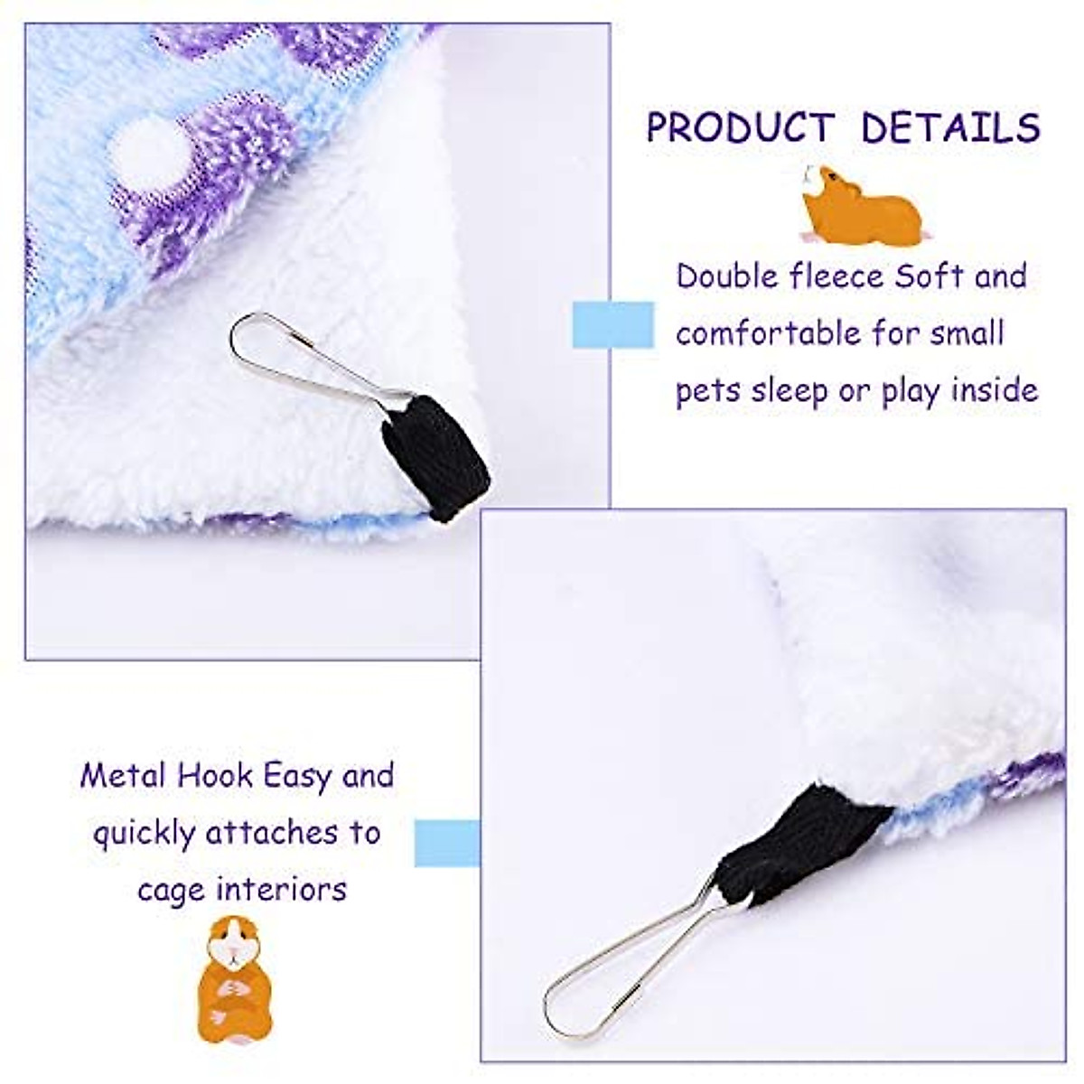 Boao 2 Pcs Guinea Pig Rat Hammock Hamster Hanging Hammock/ Accessories for Small Animals Chinchilla Parrot Sugar Glider Ferret (Purple, Coffee Color, Heart Pattern)