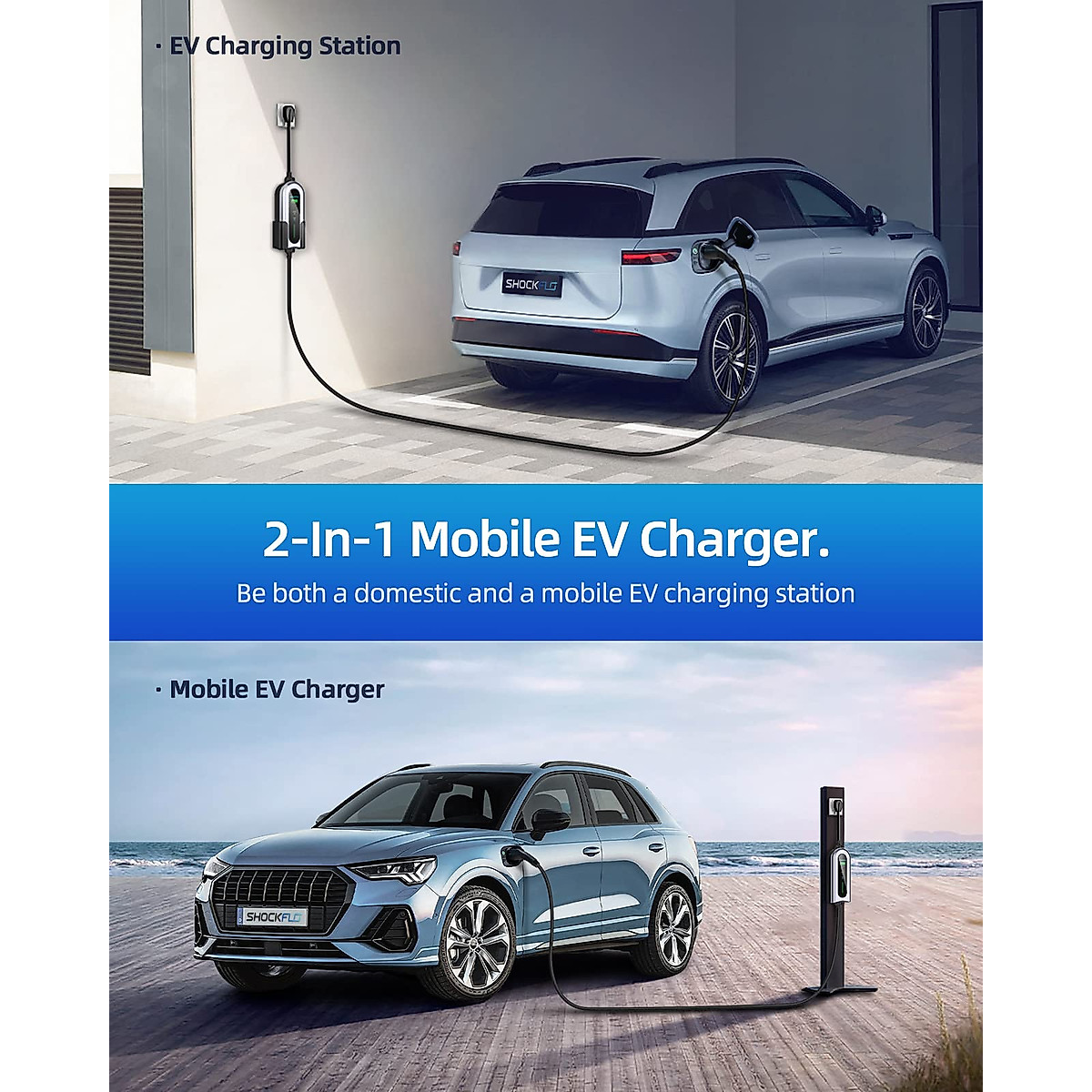 ShockFlo G1 Level 2 EV Charger (40Amp, 240V, NEMA 14-50P), Wall-Mounted EVSE SAE J1772 EV, Portable Electric Vehicle Charger with Adjustable Current/Timing Delay, Plug-in Home EV Charging Station