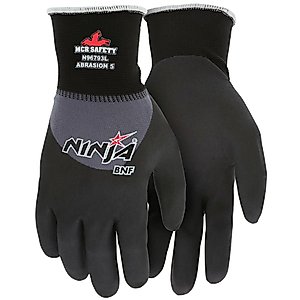 MCR Safety Gloves N96793L Ninja BNF Work Gloves 15 Gauge Nylon/Spandex Shell with NFT Coated Over the Knuckle Palm, Large,Black