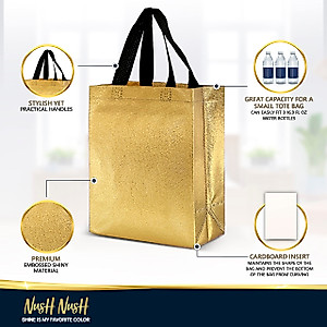 Nush Nush Gold Gift Bags Medium Size – Set of 12 Gold Reusable Gift Bags With Handles in Bulk - Bridesmaids, Bachelorette, Birthday, Christmas Gift Bags, Goodie Bags, Party Favor Bags – 8Wx4Dx10H