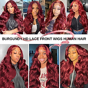 AOSUN 99j Burgundy Lace Front Wigs Human Hair Glueless Wine Red Colored Body Wave Wigs Pre Plucked with Baby Hair 180 Density 13x4 HD Transparent Frontal Wigs for Women