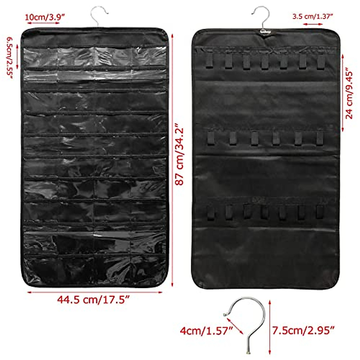 CRUGLA 2 Packs Hanging Jewelry Organizer Set, Dual Sided 80 Pockets and 40 Hook Loops Black Hanging Accessories Closet Organizers Earring Necklace Holder for Jewellery