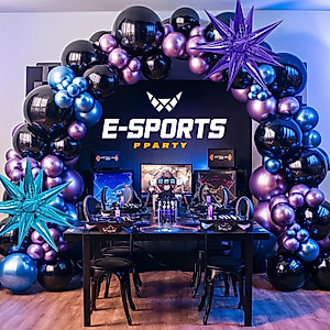 Black Purple Blue Balloon Arch Kit, Metallic Purple Blue Balloons Garland Kit with Star Balloons for Kids Video Game Party Decoration Baby Shower Engagement Party Supplies