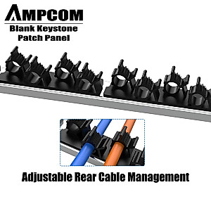 AMPCOM 24 Ports 1U Blank Keystone Patch Panel, 19 inch Rack or Wall Mount with Rear Cable Management Panel for Ethernet CAT5e/CAT6/CAT7, USB, HDMI