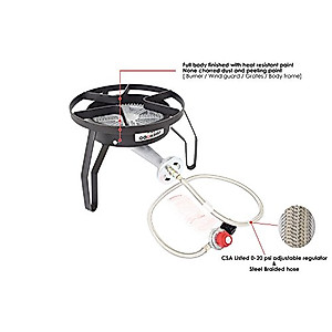 COOKAMP High Pressure Banjo Single Burner Outdoor Propane Burner Gas Stove with 0-20 PSI Adjustable Regulator and Steel Braided Hose SA1150