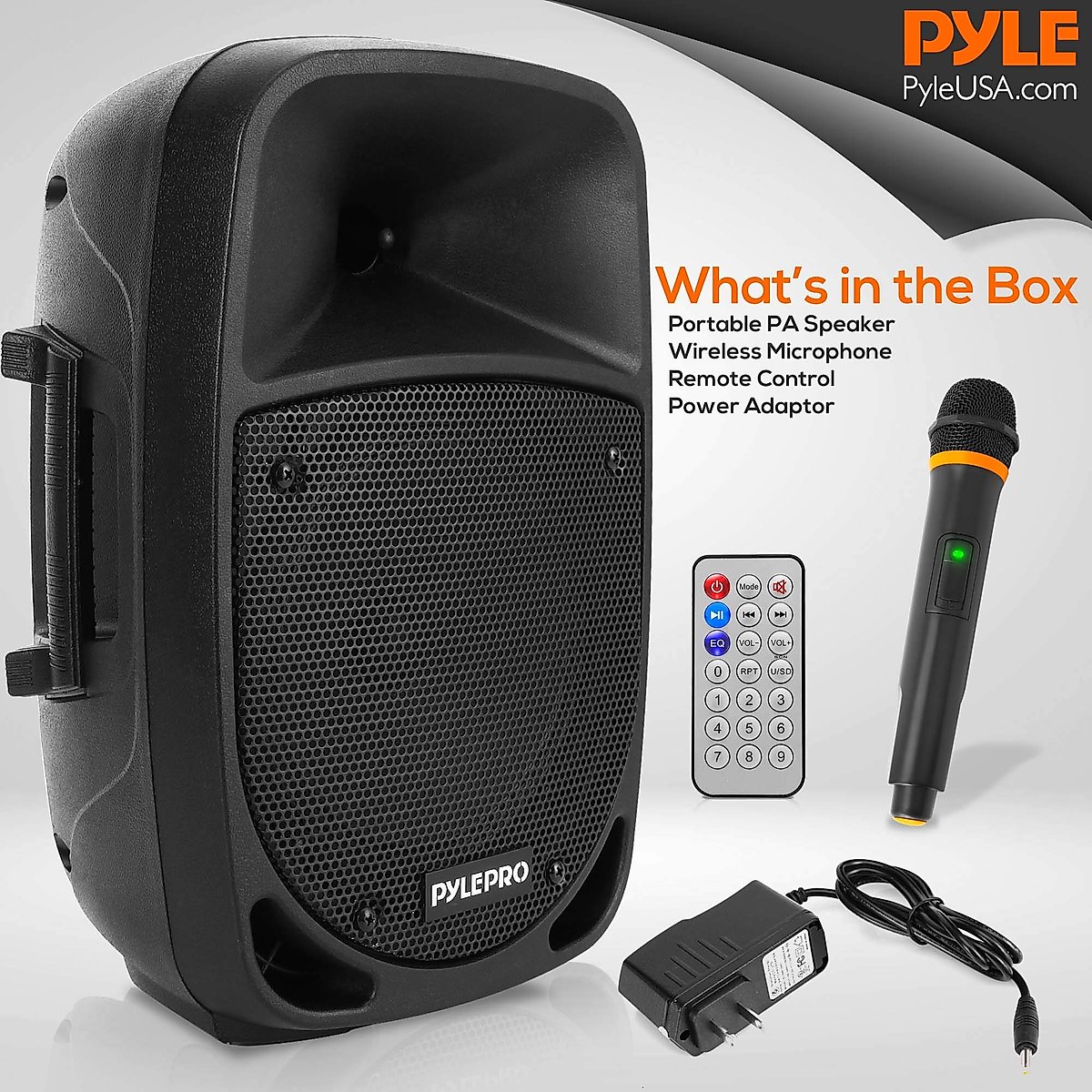 Pyle 800W Portable Bluetooth PA Speaker - 8’’ Subwoofer, LED Battery Indicator Lights w/ Built-in Rechargeable Battery, MP3/USB/SD Card Reader, and UHF Wireless Microphone - Pyle PSBT85A,Black