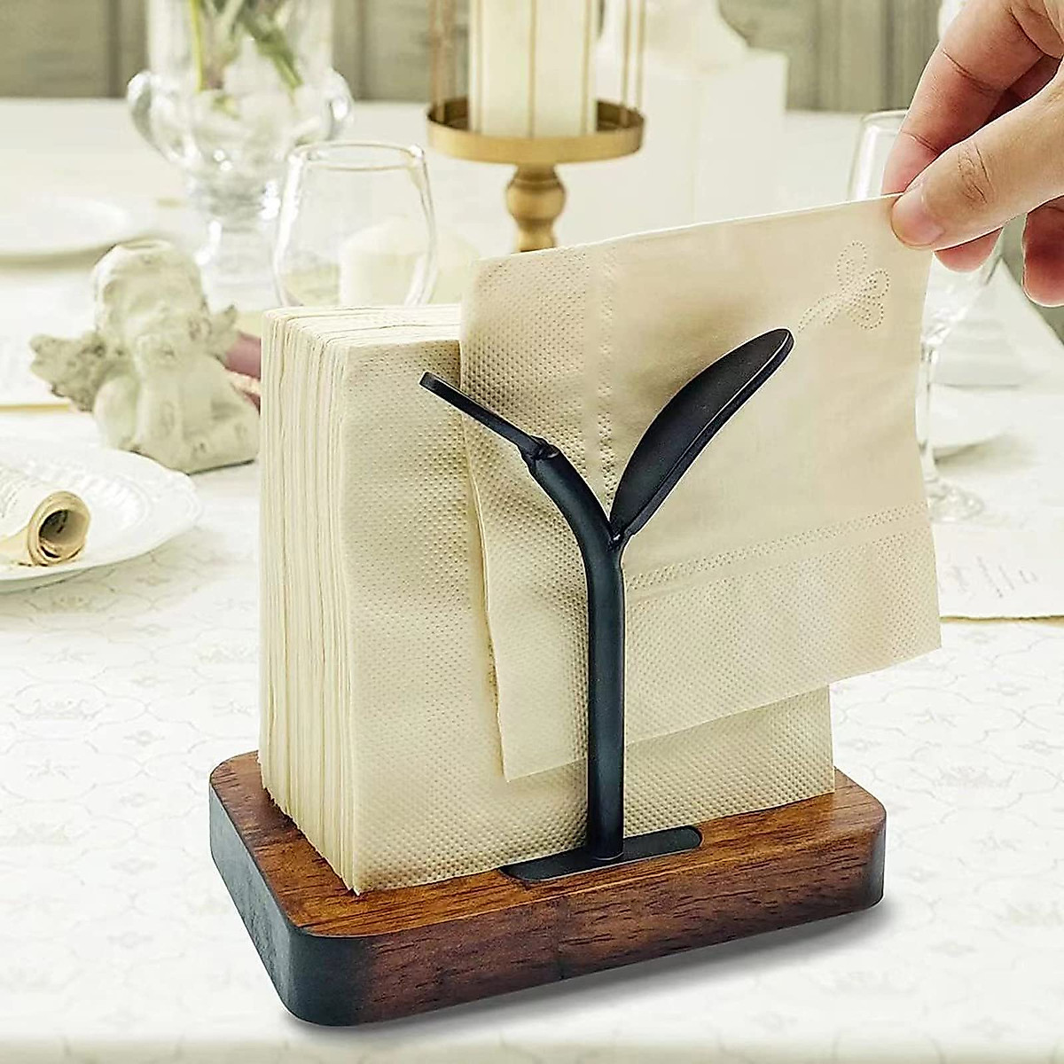 Wooden Napkin Holder for Table - Wood Napkin Holder with Black Cast Iron,Cute Cocktail Napkin Holders for Parties,Modern Farmhouse Black Napkin Holder,Metal Rustic Napkin Holders
