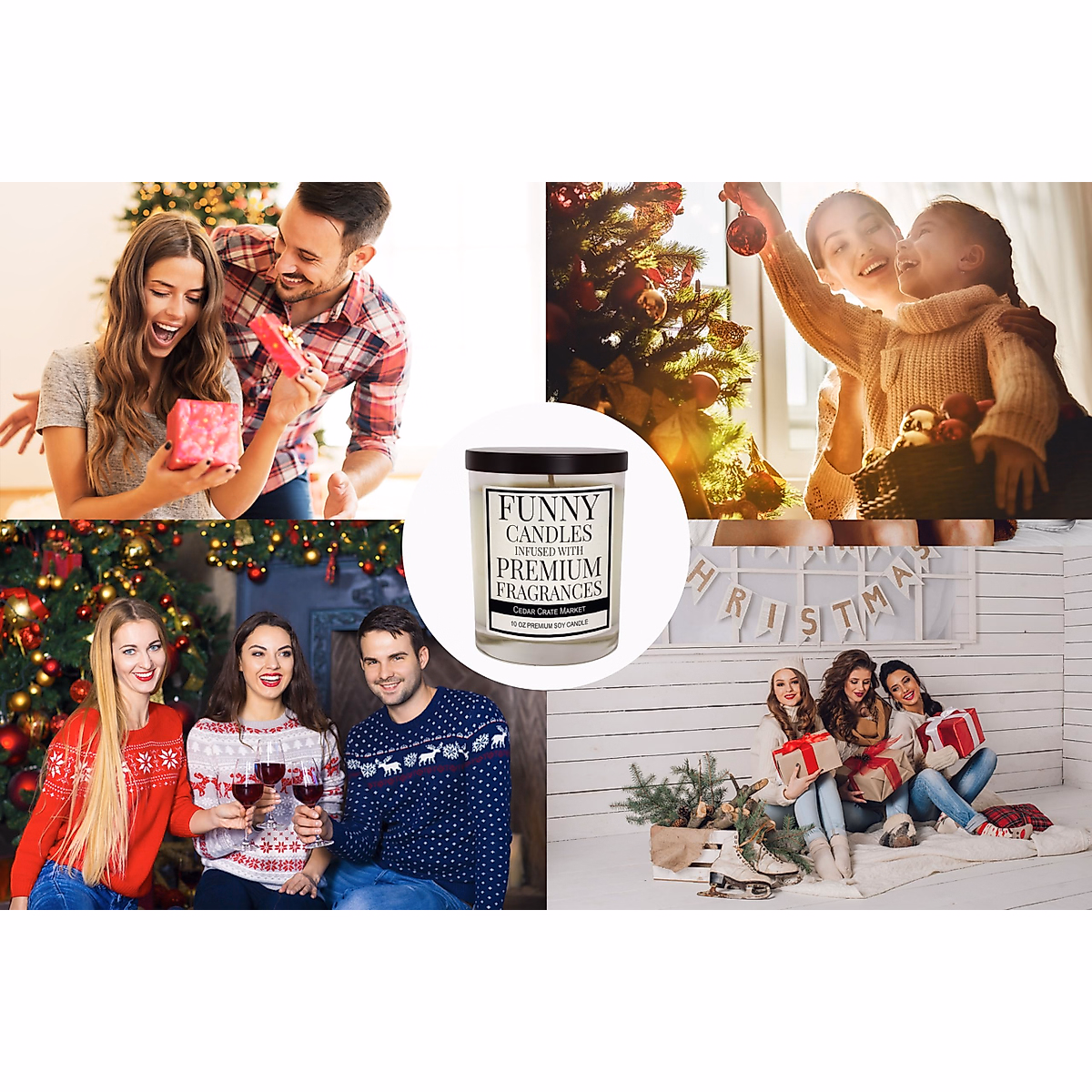 Cedar Crate Market - Happy Holidays Christmas Candle - Apple + Orange + Cinnamon + Vanilla Scented Soy Candles for Home | 13.5 oz Clear Jar, 55+ Hour Burn Time, Made in The USA