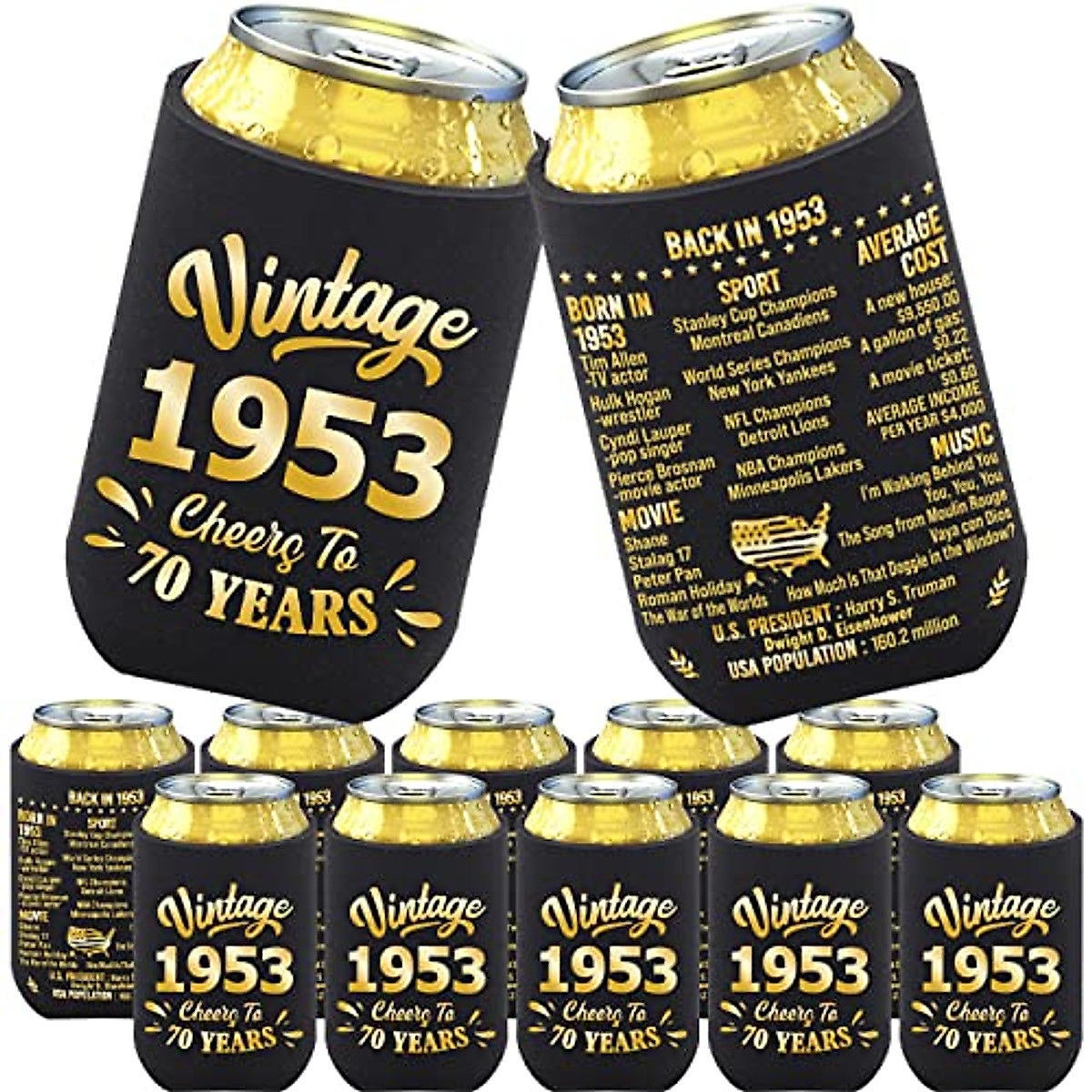 BdayPtion 70th Birthday Decorations for Men Women, 70th Party Decorations, 70 Year Old Bday Party Supplies, Seventy Birthday Present, Black and Gold Pack of 12 Can Cooler Sleeves