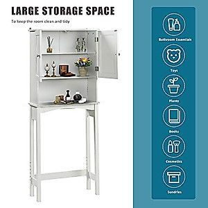 Merax, White Over-The-Toilet Shelf, Bathroom Storage Cabinet Organizer with Two Doors, Soild Wood Frame