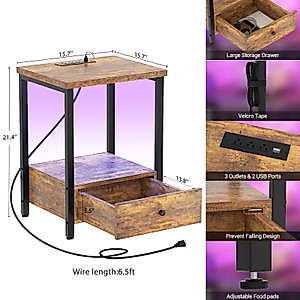 Ecoprsio Nightstands Set of 2 with Charging Station and LED Lights - Modern Night Stand Bedside Table with Storage Drawer, End Side Table for Bedroom Living Room, Rustic Brown