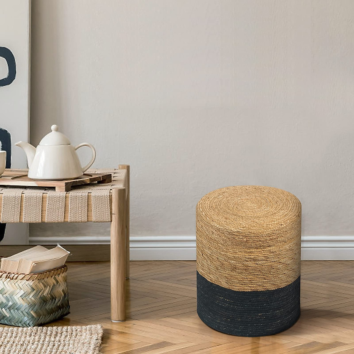 Wimarsbon Natural Seagrass Foot Stool, Hand Weaving Round Ottoman, for Living Room, Outdoor Seat (Natural & Black)