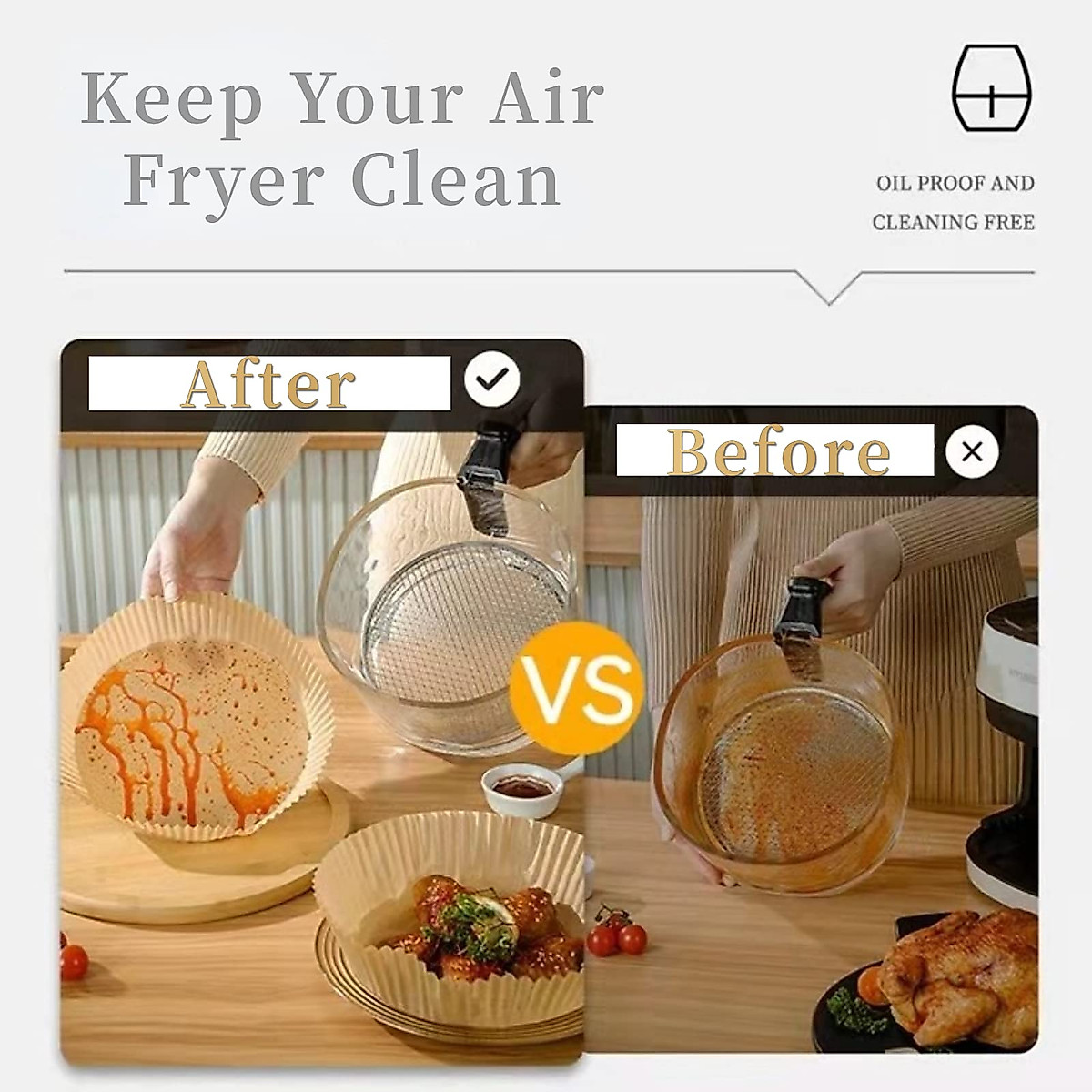 Air Fryer Parchment Paper, Non-stick Liners, Baking Paper for Air Fryer, Disposable Paper, Oil-proof, Water-proof（50PCS,7.9 Inches, Natural)