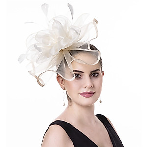 Fascinator Women's Organza Church Kentucky Derby British Bridal Tea Party Wedding Hat Summer Ruffle Hat, Medium(HJ2-Beige Flower)