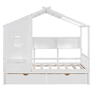 Wooden Twin Size House Bed with 2 Drawers,Kids Bed with Storage Shelf,for Kids Boys Girls Teens Bedroom Use (Twin, White@Drawers)