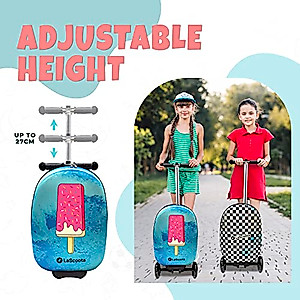 LaScoota Scooter Suitcase, Foldable Scooter Luggage For Kids - Lightweight Kids Ride on Luggage Scooter with Wheels, LED Lights - Ice Cream Graphic Suitcase Scooter, Ride On Suitcase for Kids Ages 4-8