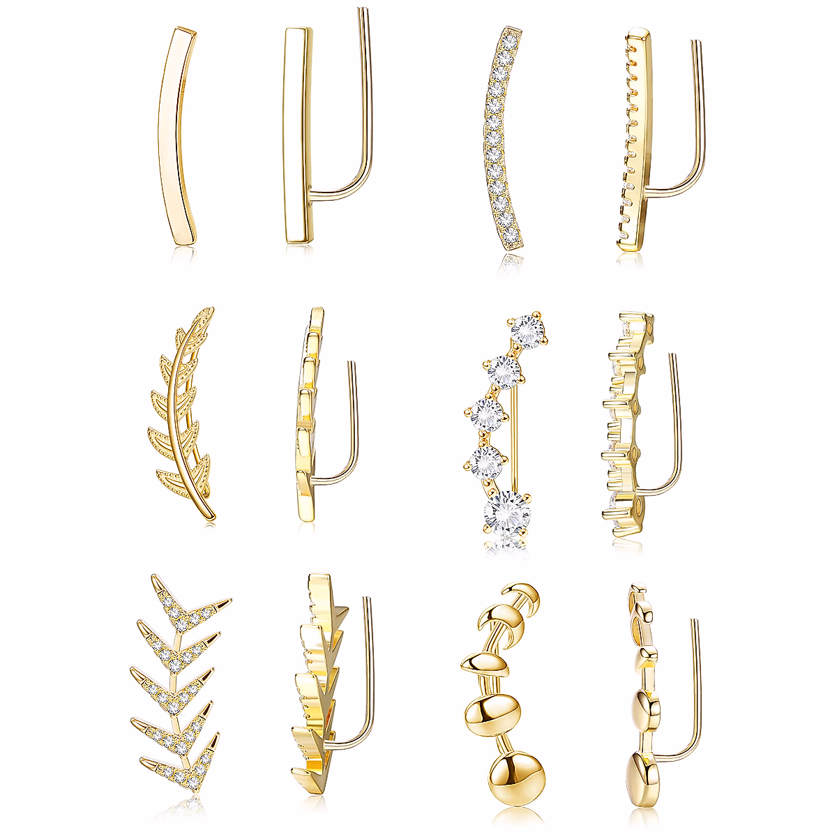LOYALLOOK 6 Pairs Ear Cuffs Hoop Climber Earrings for Women CZ Leaf Crawler Stud Earring Ball Arrow Cuff Earrings Set, Gold