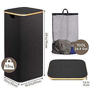 JUNGYOON Laundry Basket with Lid 100L (26.4 Gal) Large & Tall Collapsible Laundry Basket, Removable Laundry Bag Easy to Carry for Bedroom, Bathroom, Dorm, Laundry Room,Toys, Black