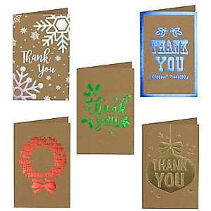 Iconikal Kraft Christmas Thank You Note Cards with Envelopes, Foil Embellished, 30-Count