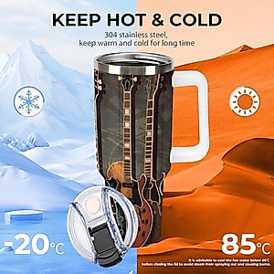 LLUTSNTH 40 Oz Vacuum Tumbler with White Handle Leakproof Insulated Tumbler Guitars Art Stainless Steel Travel Mug with Lid And Straw Coffee Cup Cute Water Bottles Cup Holder Friendly