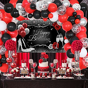 Red Black and Silver Party Decorations for Women Birthday Party Supplies Red Black and Silver Balloon Garland Silver Glitter Happy Birthday Backdrop High Heels Champagne Glass Background