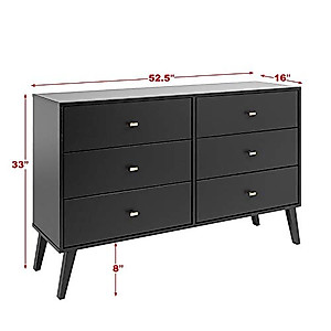 Prepac Milo Mid-Century 6 Drawer Dresser For Bedroom, 16" D x 52.50" W x 33" H, Black